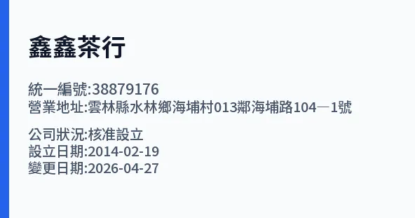 鑫鑫茶行的照片-統編 38879176(雲林縣) 公司登記資料與營業項目詳細圖表