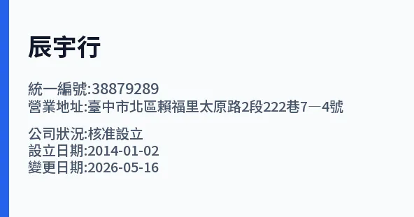 辰宇行的照片-統編 38879289(臺中市) 公司登記資料與營業項目詳細圖表