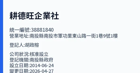 耕德旺企業社的照片-統編 38881840(南投縣) 公司登記資料與營業項目詳細圖表