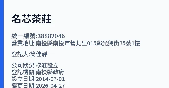 名芯茶莊的照片-統編 38882046(南投縣) 公司登記資料與營業項目詳細圖表