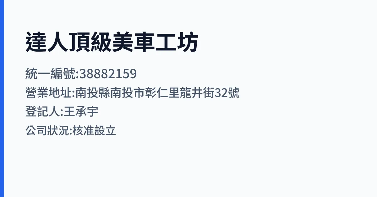 達人頂級美車工坊 - 統編 38882159(南投縣) 公司登記資料與營業項目詳細圖表