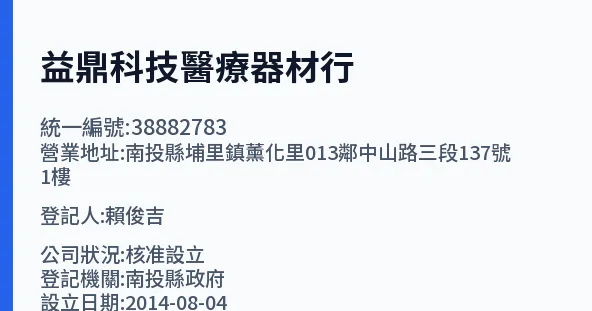 益鼎科技醫療器材行的照片-統編 38882783(南投縣) 公司登記資料與營業項目詳細圖表