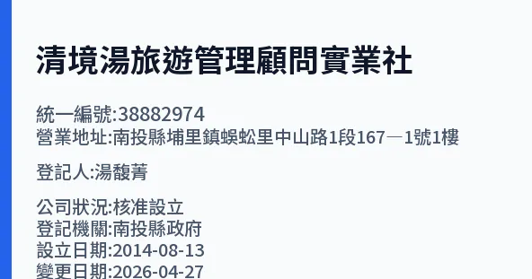清境湯旅遊管理顧問實業社的照片-統編 38882974(南投縣) 公司登記資料與營業項目詳細圖表