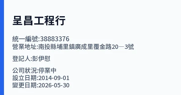 呈昌工程行的照片-統編 38883376(南投縣) 公司登記資料與營業項目詳細圖表
