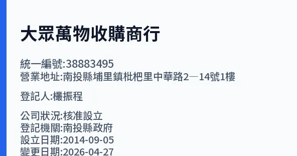 大眾萬物收購商行的照片-統編 38883495(南投縣) 公司登記資料與營業項目詳細圖表