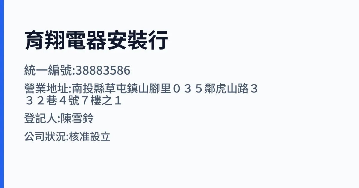 育翔電器安裝行 - 統編 38883586(南投縣) 公司登記資料與營業項目詳細圖表