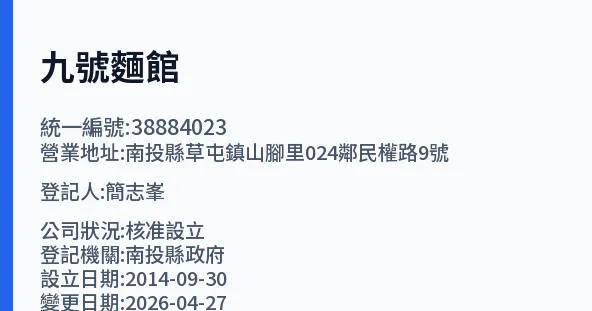 九號麵館的照片-統編 38884023(南投縣) 公司登記資料與營業項目詳細圖表