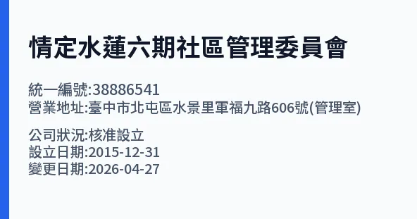 情定水蓮六期社區管理委員會的照片-統編 38886541(臺中市) 公司登記資料與營業項目詳細圖表