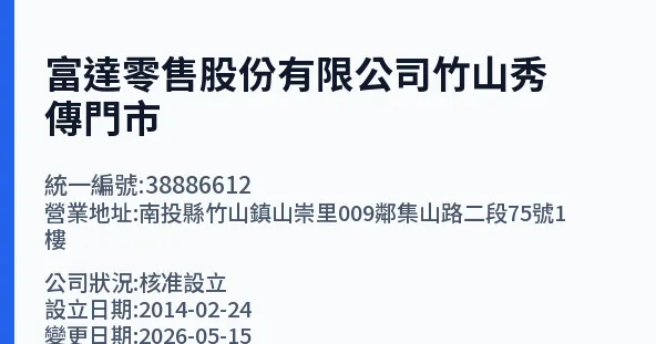 富達零售股份有限公司竹山秀傳門市的照片-統編 38886612(南投縣) 公司登記資料與營業項目詳細圖表