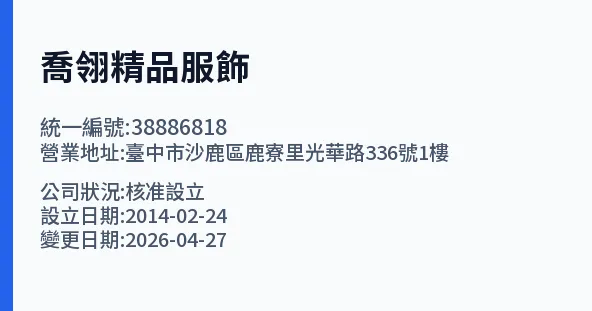 喬翎精品服飾的照片-統編 38886818(臺中市) 公司登記資料與營業項目詳細圖表