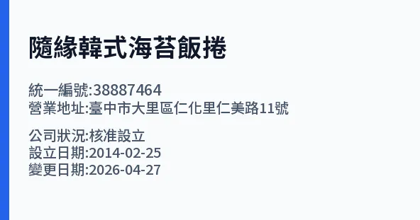 隨緣韓式海苔飯捲的照片-統編 38887464(臺中市) 公司登記資料與營業項目詳細圖表