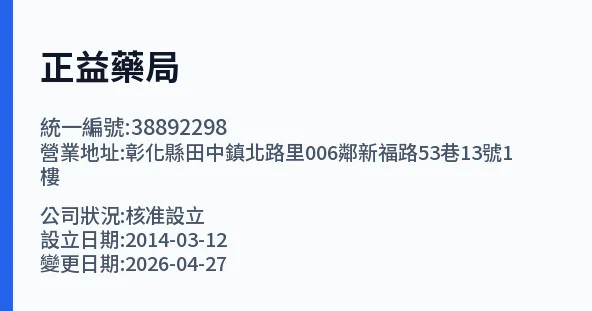 正益藥局的照片-統編 38892298(彰化縣) 公司登記資料與營業項目詳細圖表