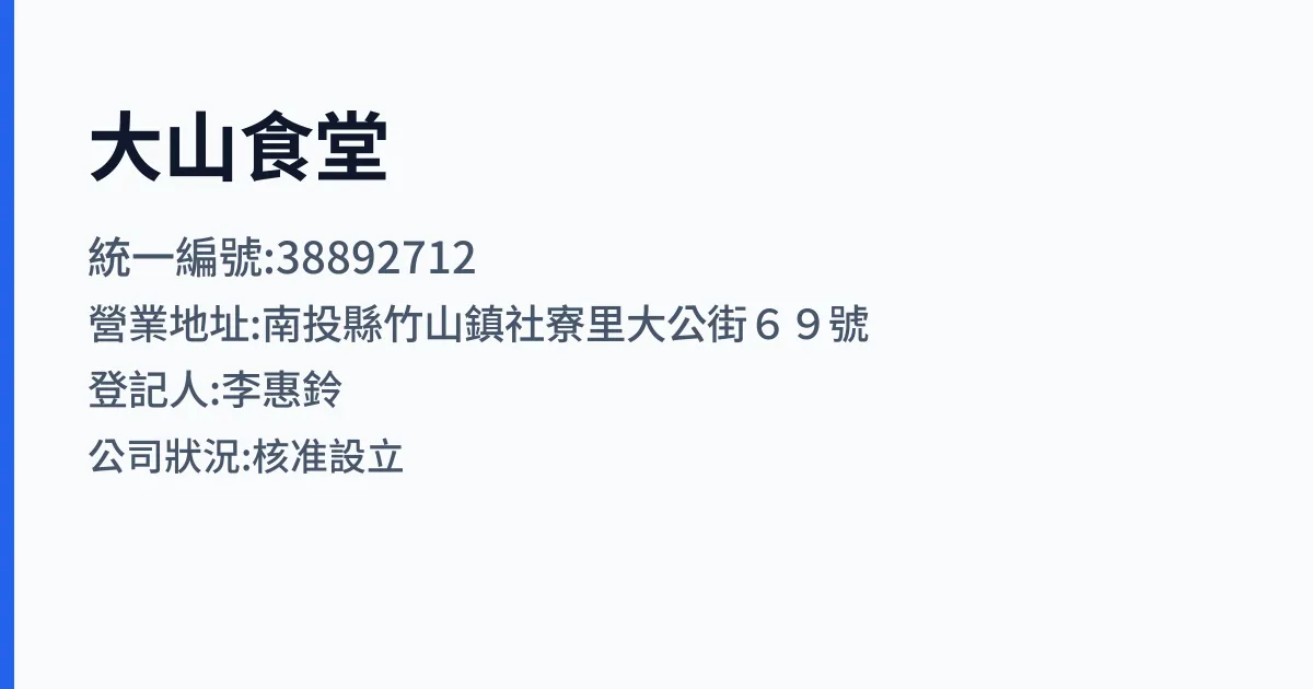 大山食堂 - 統編 38892712(南投縣) 公司登記資料與營業項目詳細圖表
