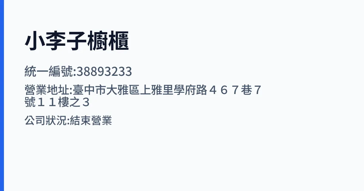 小李子櫥櫃 - 統編 38893233(臺中市) 公司登記資料與營業項目詳細圖表