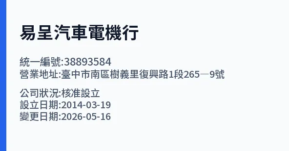 易呈汽車電機行的照片-統編 38893584(臺中市) 公司登記資料與營業項目詳細圖表