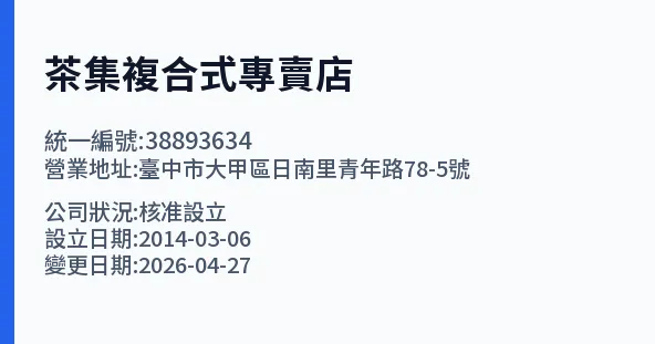 茶集複合式專賣店的照片-統編 38893634(臺中市) 公司登記資料與營業項目詳細圖表