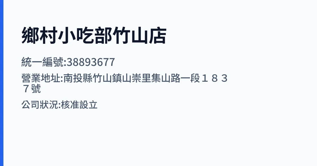 鄉村小吃部竹山店 - 統編 38893677(南投縣) 公司登記資料與營業項目詳細圖表