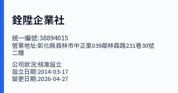 銓陞企業社的照片-統編 38894015(彰化縣) 公司登記資料與營業項目詳細圖表