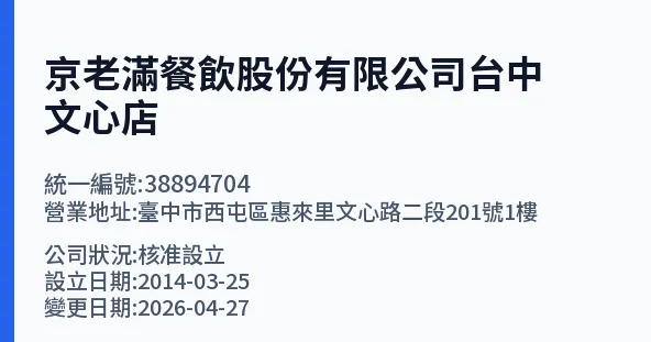 京老滿餐飲股份有限公司台中文心店的照片-統編 38894704(臺中市) 公司登記資料與營業項目詳細圖表