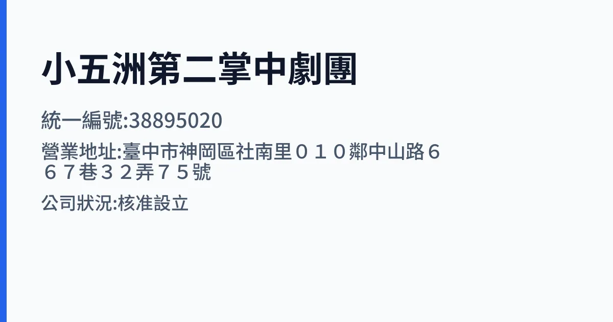 小五洲第二掌中劇團 - 統編 38895020(臺中市) 公司登記資料與營業項目詳細圖表