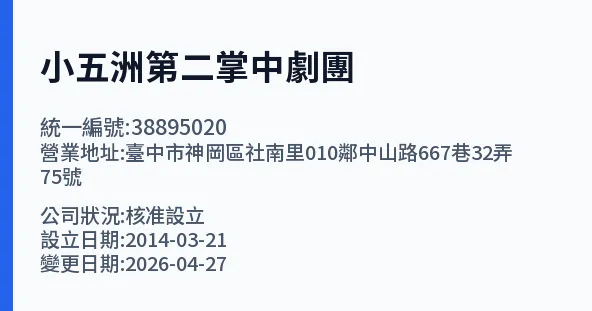 小五洲第二掌中劇團的照片-統編 38895020(臺中市) 公司登記資料與營業項目詳細圖表