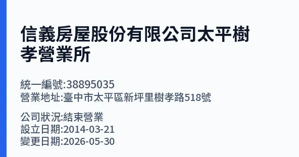 信義房屋股份有限公司太平樹孝營業所的照片-統編 38895035(臺中市) 公司登記資料與營業項目詳細圖表