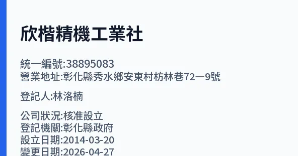 欣楷精機工業社的照片-統編 38895083(彰化縣) 公司登記資料與營業項目詳細圖表