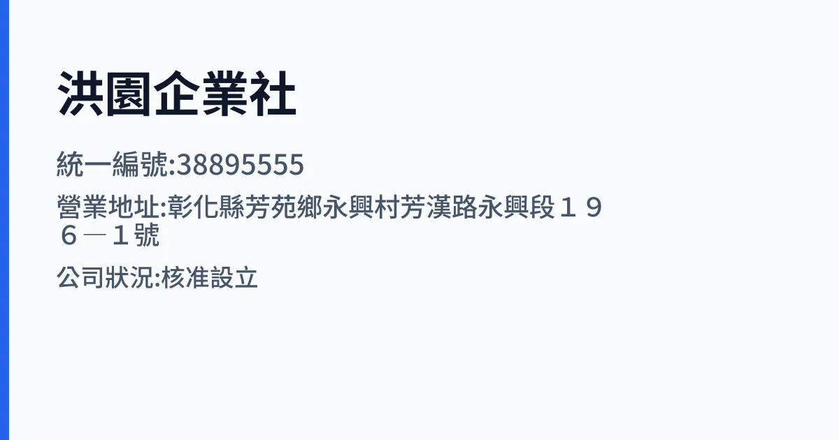 洪園企業社 - 統編 38895555(彰化縣) 公司登記資料與營業項目詳細圖表