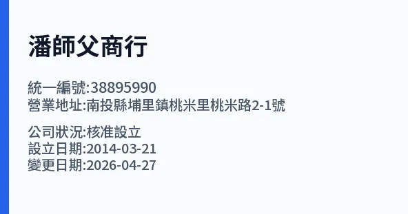 潘師父商行的照片-統編 38895990(南投縣) 公司登記資料與營業項目詳細圖表