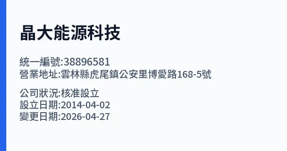 晶大能源科技的照片-統編 38896581(雲林縣) 公司登記資料與營業項目詳細圖表