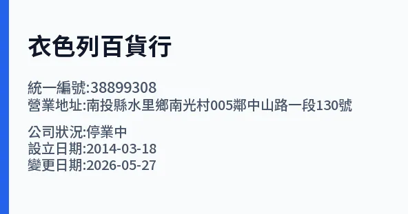 衣色列百貨行的照片-統編 38899308(南投縣) 公司登記資料與營業項目詳細圖表