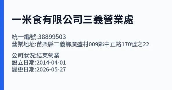 一米食有限公司三義營業處的照片-統編 38899503(苗栗縣) 公司登記資料與營業項目詳細圖表