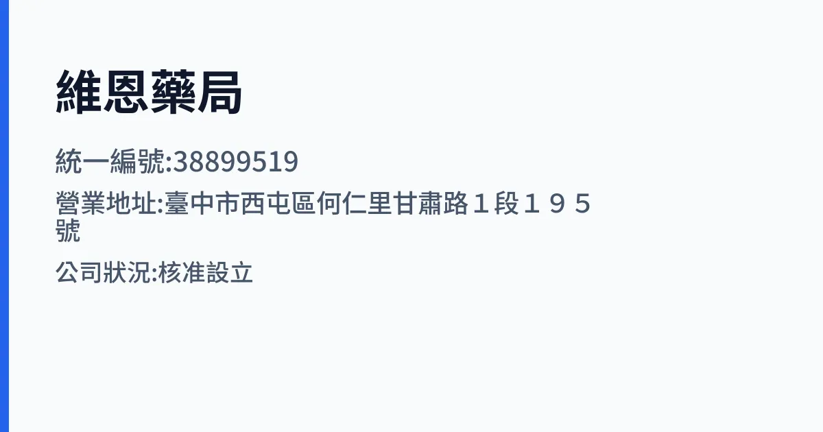 維恩藥局 - 統編 38899519(臺中市) 公司登記資料與營業項目詳細圖表