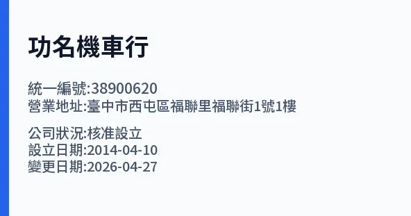 功名機車行的照片-統編 38900620(臺中市) 公司登記資料與營業項目詳細圖表