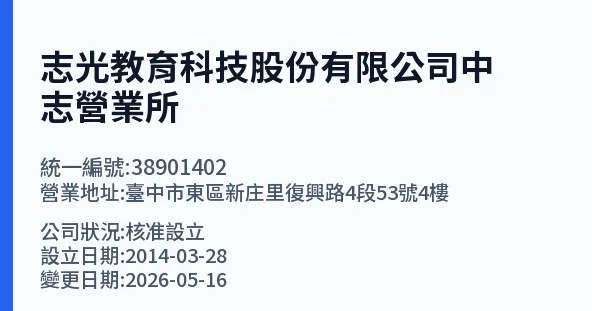 志光教育科技股份有限公司中志營業所的照片-統編 38901402(臺中市) 公司登記資料與營業項目詳細圖表