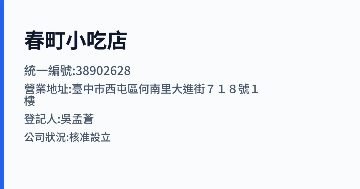春町小吃店 - 統編 38902628(臺中市) 公司登記資料與營業項目詳細圖表