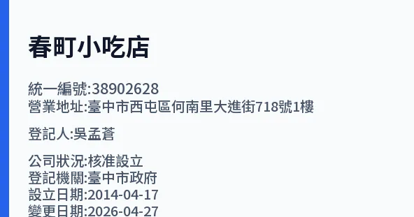 春町小吃店的照片-統編 38902628(臺中市) 公司登記資料與營業項目詳細圖表