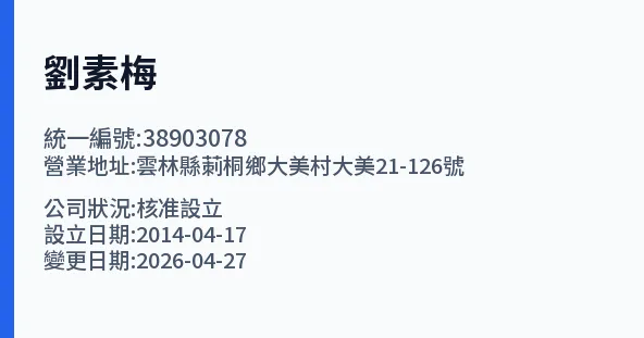 劉素梅的照片-統編 38903078(雲林縣) 公司登記資料與營業項目詳細圖表