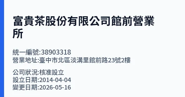 富貴茶股份有限公司館前營業所的照片-統編 38903318(臺中市) 公司登記資料與營業項目詳細圖表