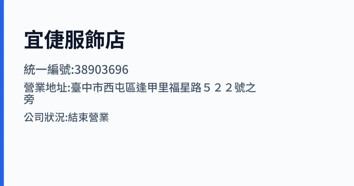 宜倢服飾店 - 統編 38903696(臺中市) 公司登記資料與營業項目詳細圖表