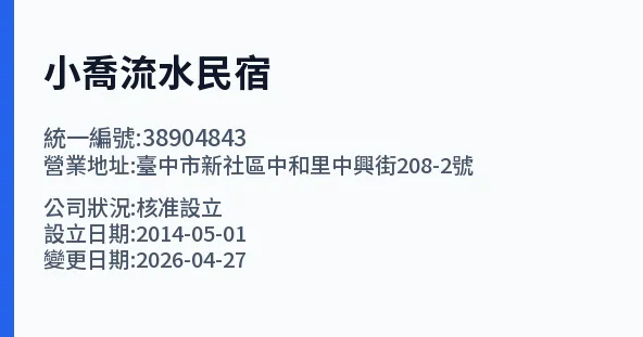 小喬流水民宿的照片-統編 38904843(臺中市) 公司登記資料與營業項目詳細圖表