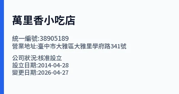 萬里香小吃店的照片-統編 38905189(臺中市) 公司登記資料與營業項目詳細圖表