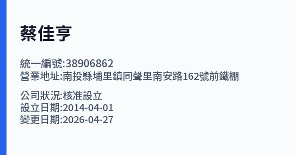 蔡佳亨的照片-統編 38906862(南投縣) 公司登記資料與營業項目詳細圖表