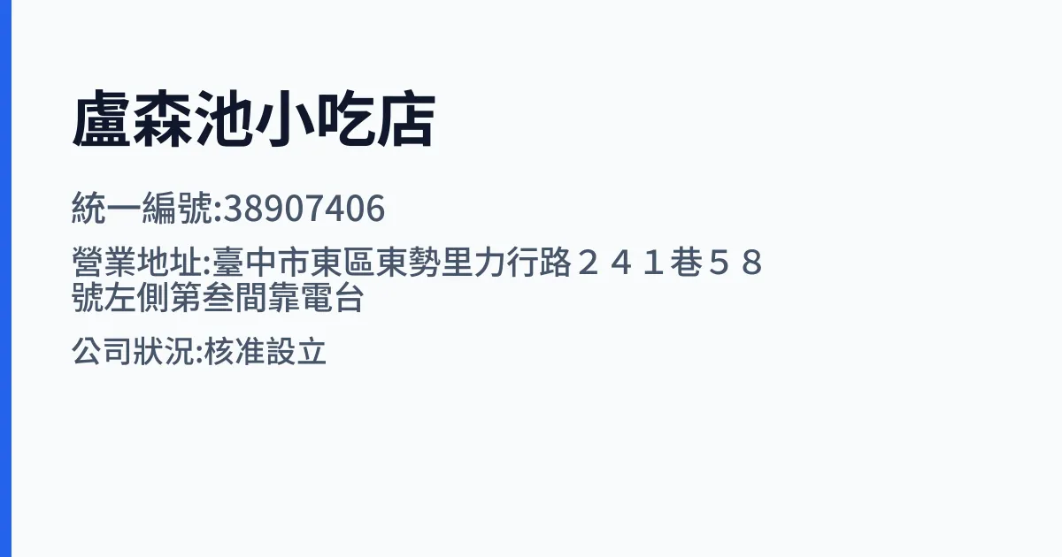 盧森池小吃店 - 統編 38907406(臺中市) 公司登記資料與營業項目詳細圖表