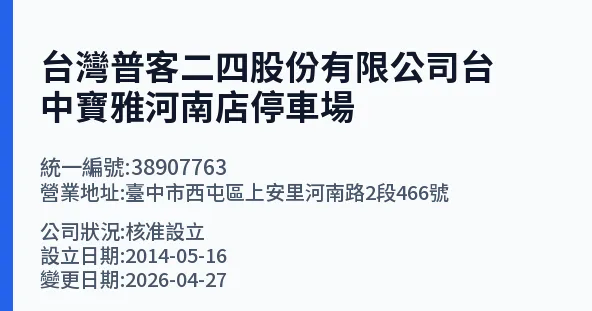 台灣普客二四股份有限公司台中寶雅河南店停車場的照片-統編 38907763(臺中市) 公司登記資料與營業項目詳細圖表