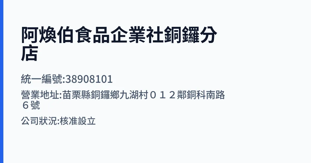 阿煥伯食品企業社銅鑼分店 - 統編 38908101(苗栗縣) 公司登記資料與營業項目詳細圖表