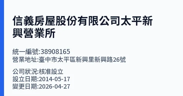信義房屋股份有限公司太平新興營業所的照片-統編 38908165(臺中市) 公司登記資料與營業項目詳細圖表