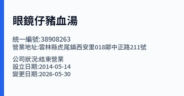 眼鏡仔豬血湯的照片-統編 38908263(雲林縣) 公司登記資料與營業項目詳細圖表