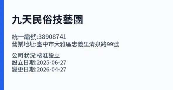 九天民俗技藝團的照片-統編 38908741(臺中市) 公司登記資料與營業項目詳細圖表