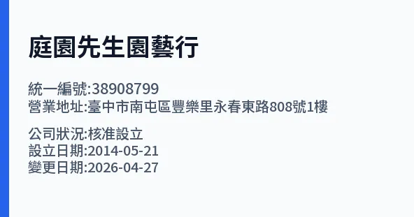 庭園先生園藝行的照片-統編 38908799(臺中市) 公司登記資料與營業項目詳細圖表